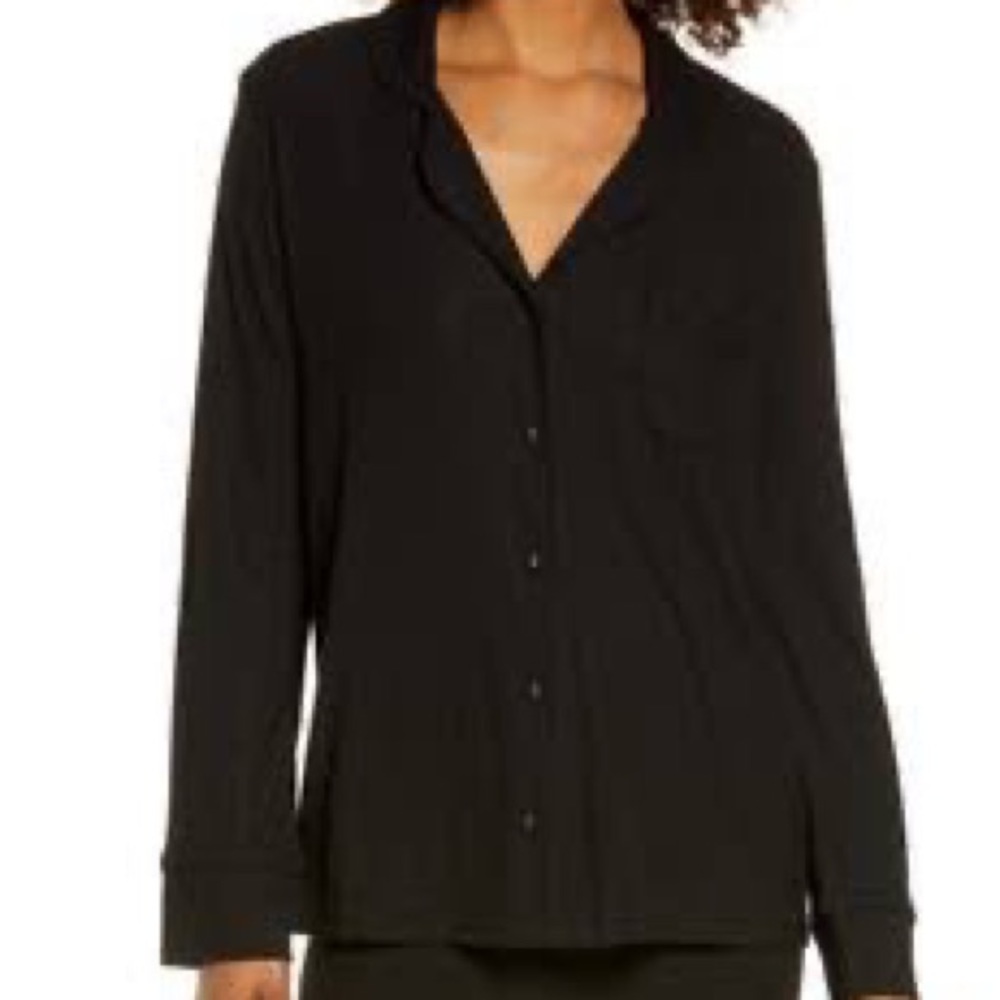 Skims Black Ribbed Soft Knit Button Front Lounge Top M - Gem